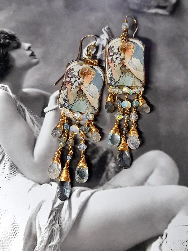 The Lily - Mucha's Fairy Luxurious Art Nouveau Earrings With Aquamarine ...