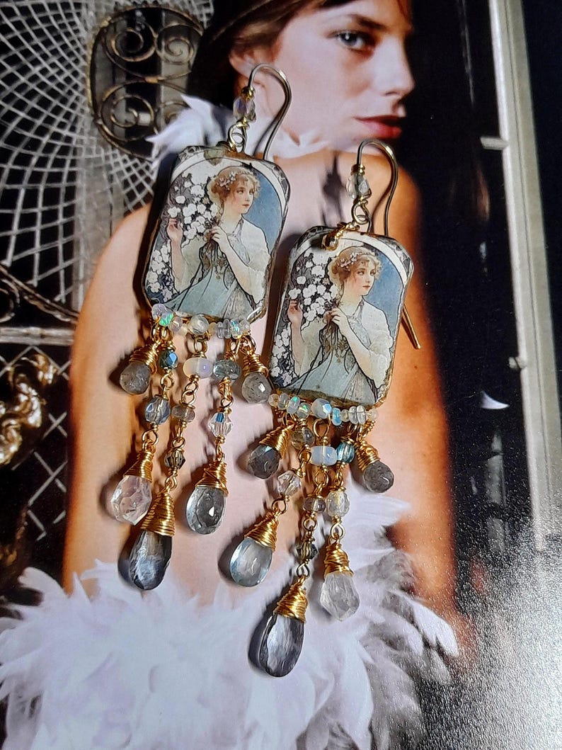The Lily - Mucha's Fairy Luxurious Art Nouveau Earrings With Aquamarine ...