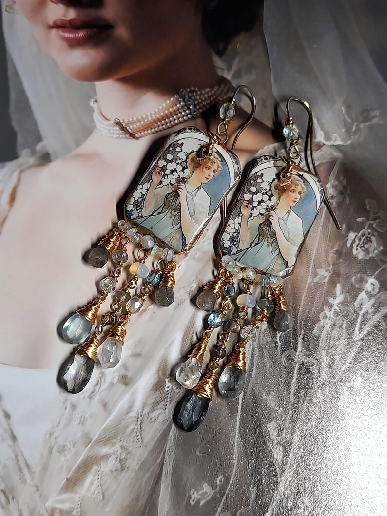 The Lily - Mucha's Fairy Luxurious Art Nouveau Earrings With Aquamarine ...