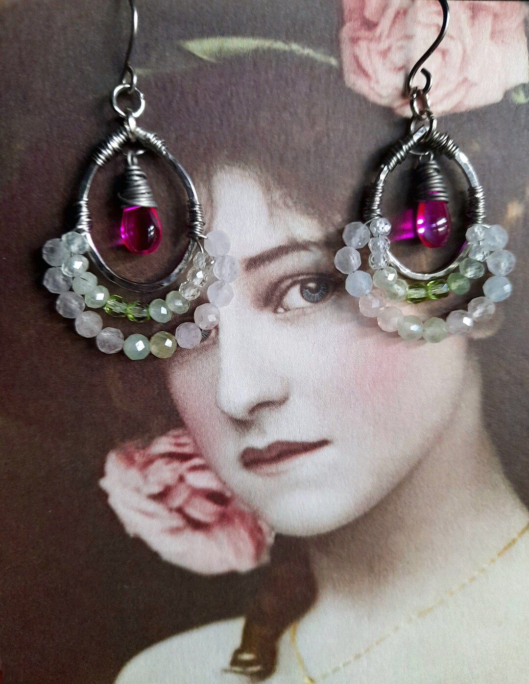 Hot Pink and Pastel Earrings. Aquamarine Prehnite & Zircon - Etsy