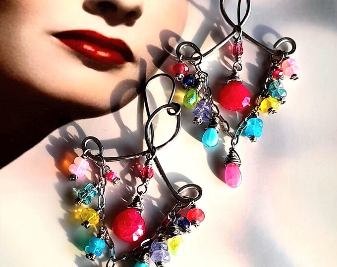 Ruby Chandelier Earrings. Multi Gemstone Cluster Earrings. Colourful ...