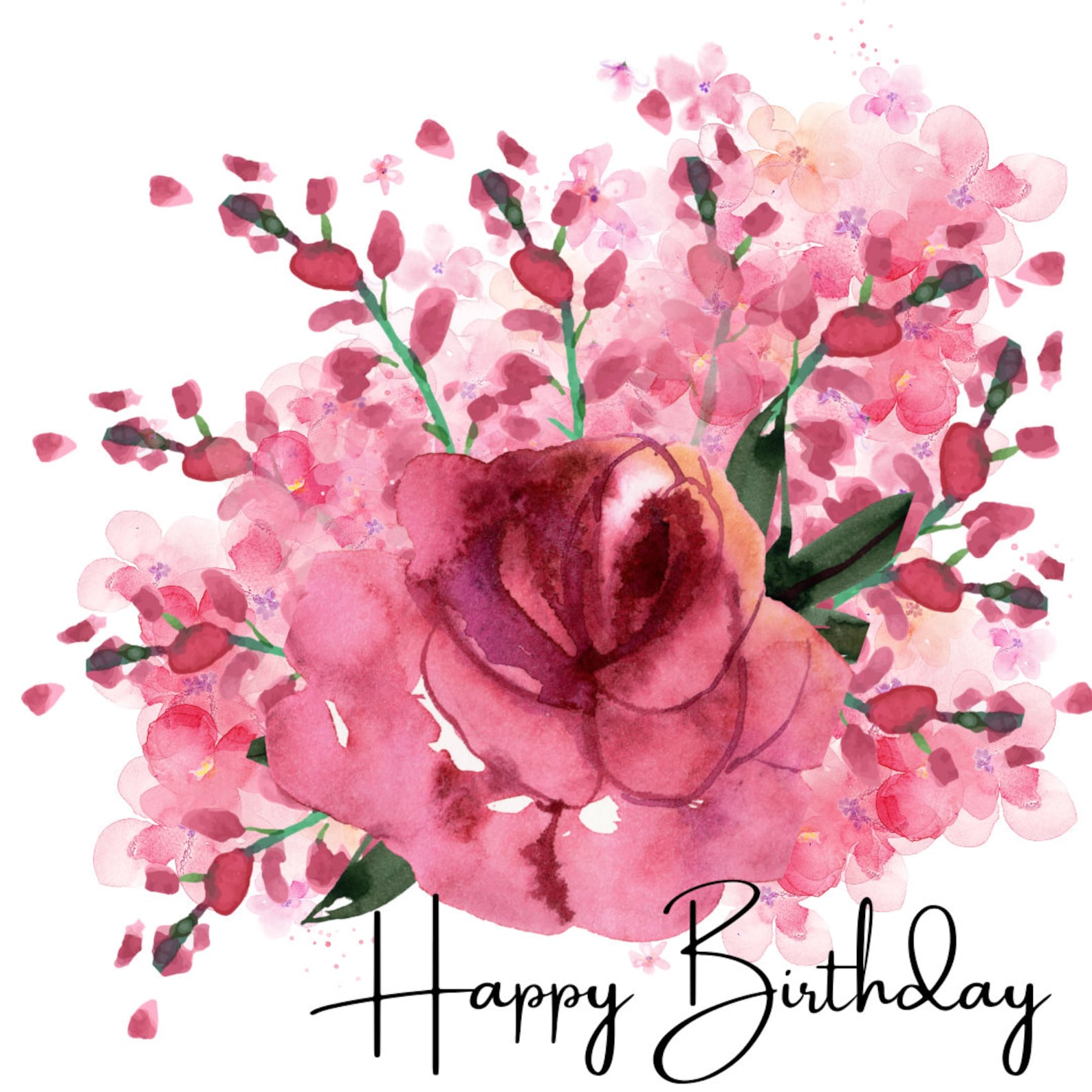 2 Designs, Happy Birthday Png, Multi Color Watercolor Flowers Bundle ...