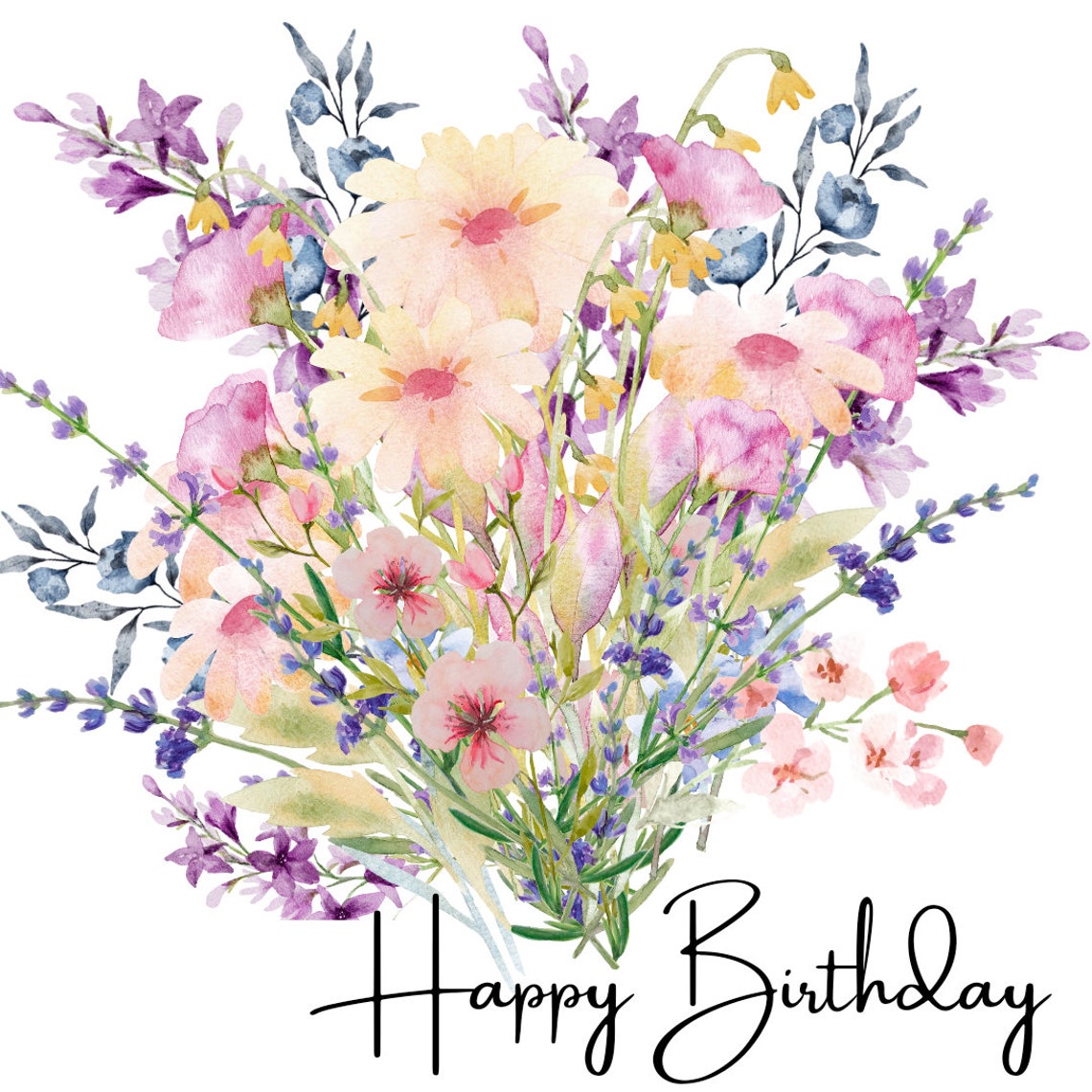 2 Designs Happy Birthday Png Multi Color Watercolor Flowers Bundle Png ...
