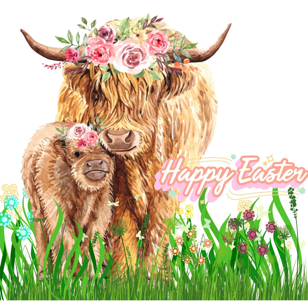 Highland Cow Happy Easter Png Download, Png Bunny File, Digital ...