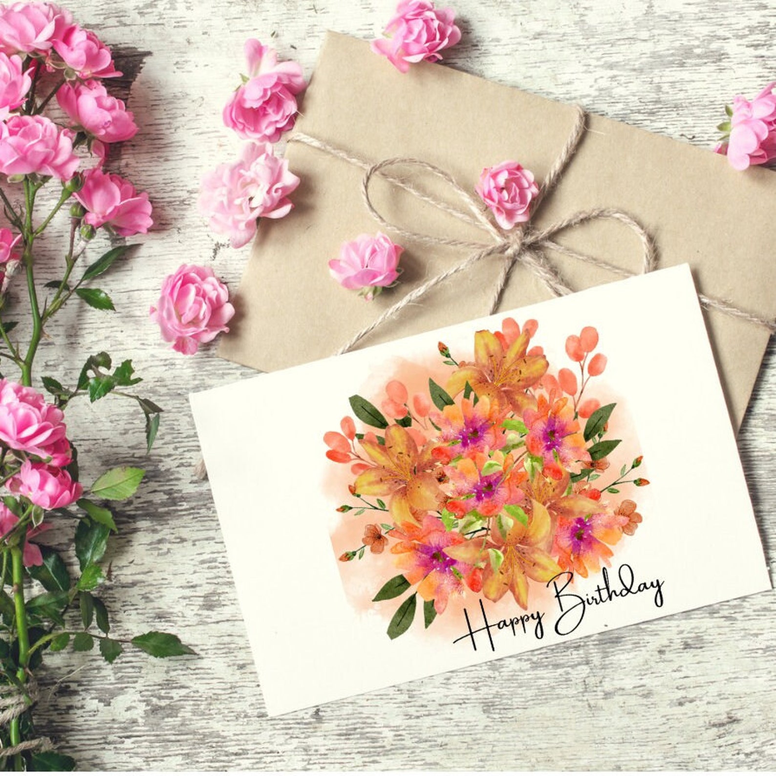 2 Designs, Happy Birthday Png, Multi Color Watercolor Flowers Bundle ...