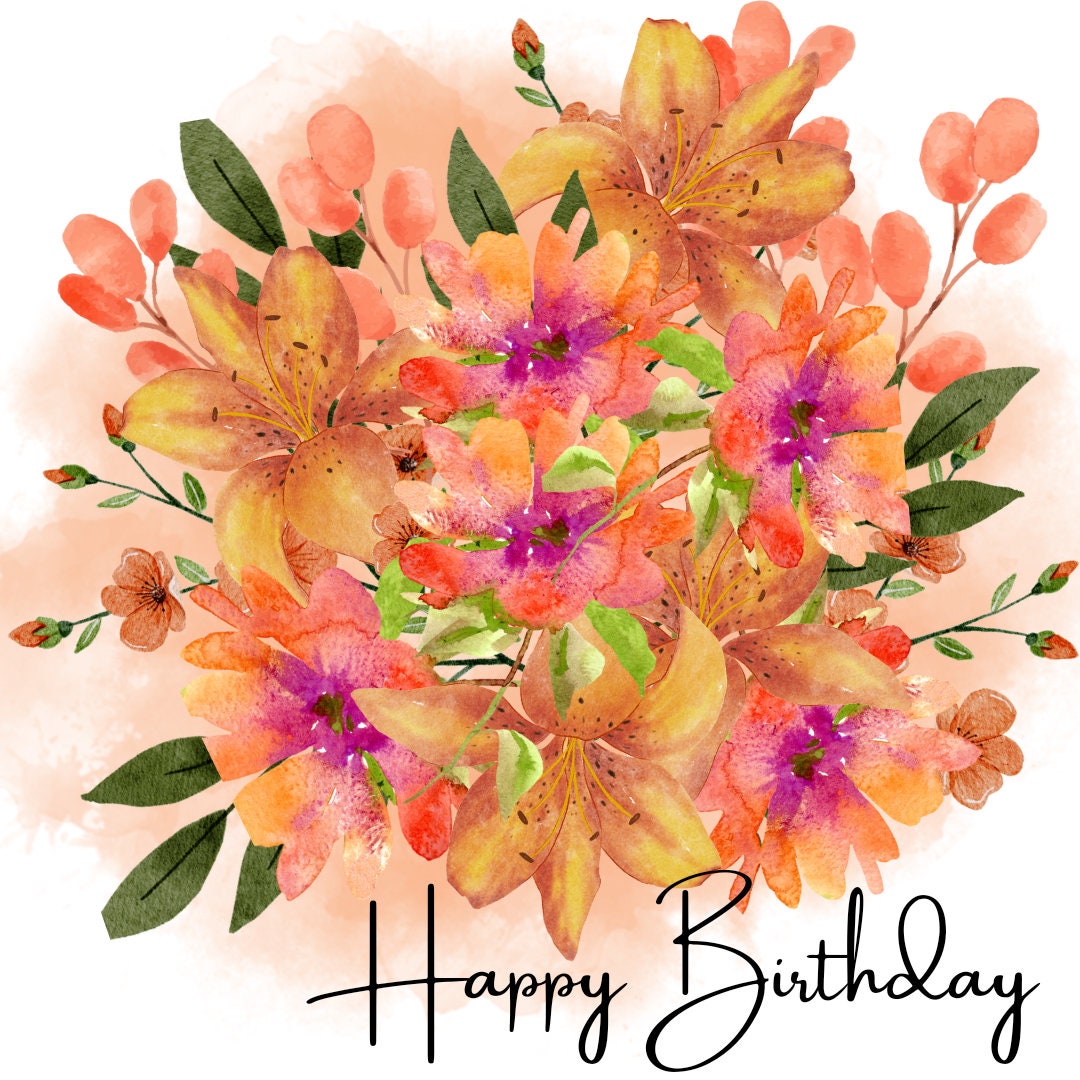 2 Designs, Happy Birthday Png, Multi Color Watercolor Flowers Bundle ...