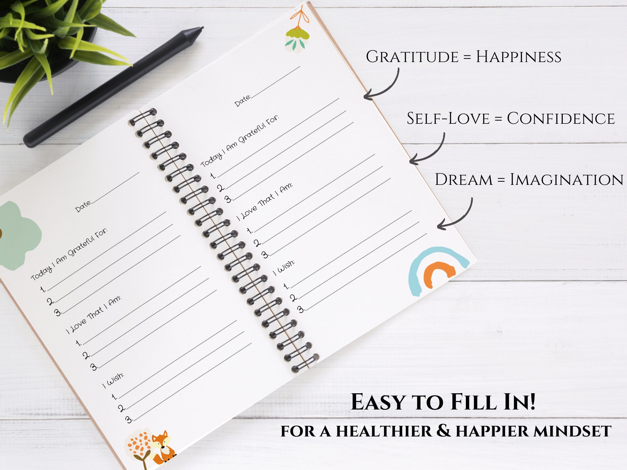 Personalized Kids Gratitude Journal, Floral Notebook, Positive Prompts ...