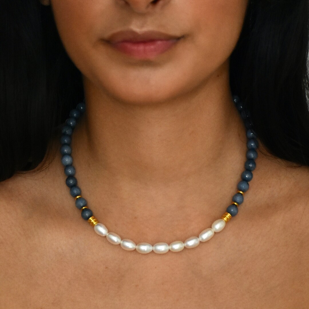 Denim Blue and Freshwater Pearl Necklace - Etsy