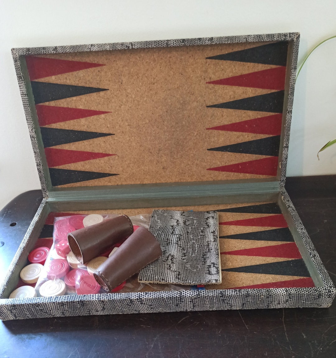 Vintage Backgammon Board With Counters, Dice and Shakers. Original ...