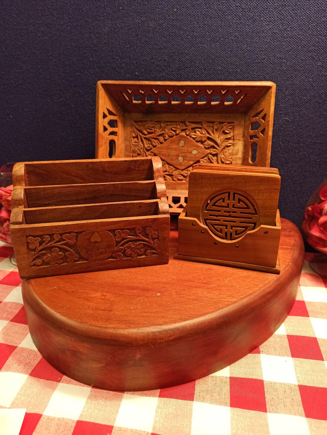 Trio of Treen, Carved Wooden Items. Letter Rack, Chinese or Japanese ...