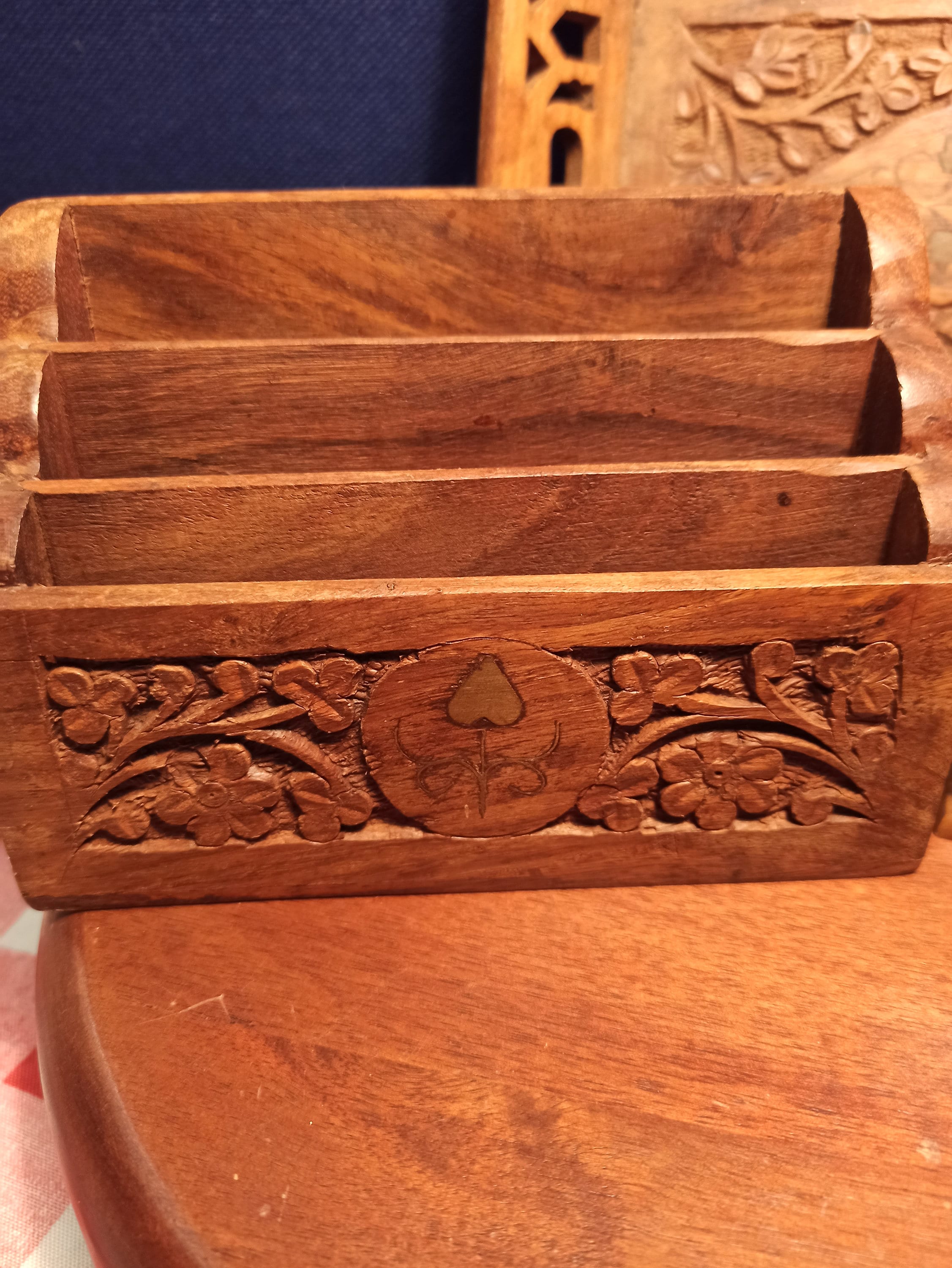 Trio of Treen, Carved Wooden Items. Letter Rack, Chinese or Japanese ...