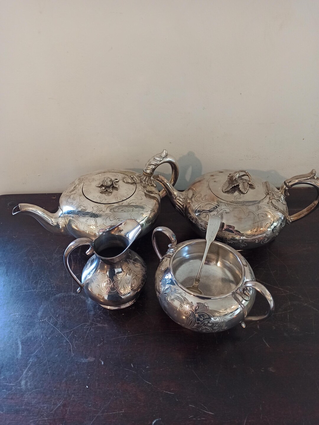Set of Antique Tea Silver Teapots (x2) , Sugar Bowl and Milk Jug ...