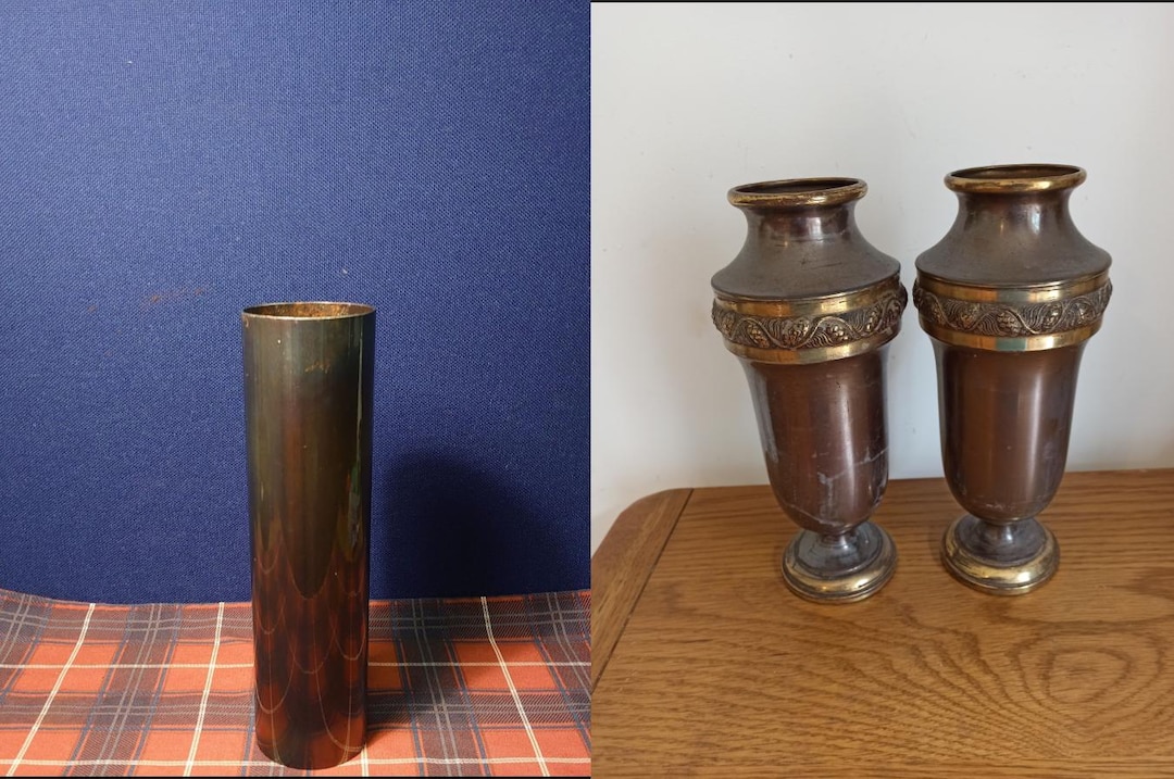 Tall Enamelled-look Metal Cylindrical Vase - Trench Art Style - and a ...
