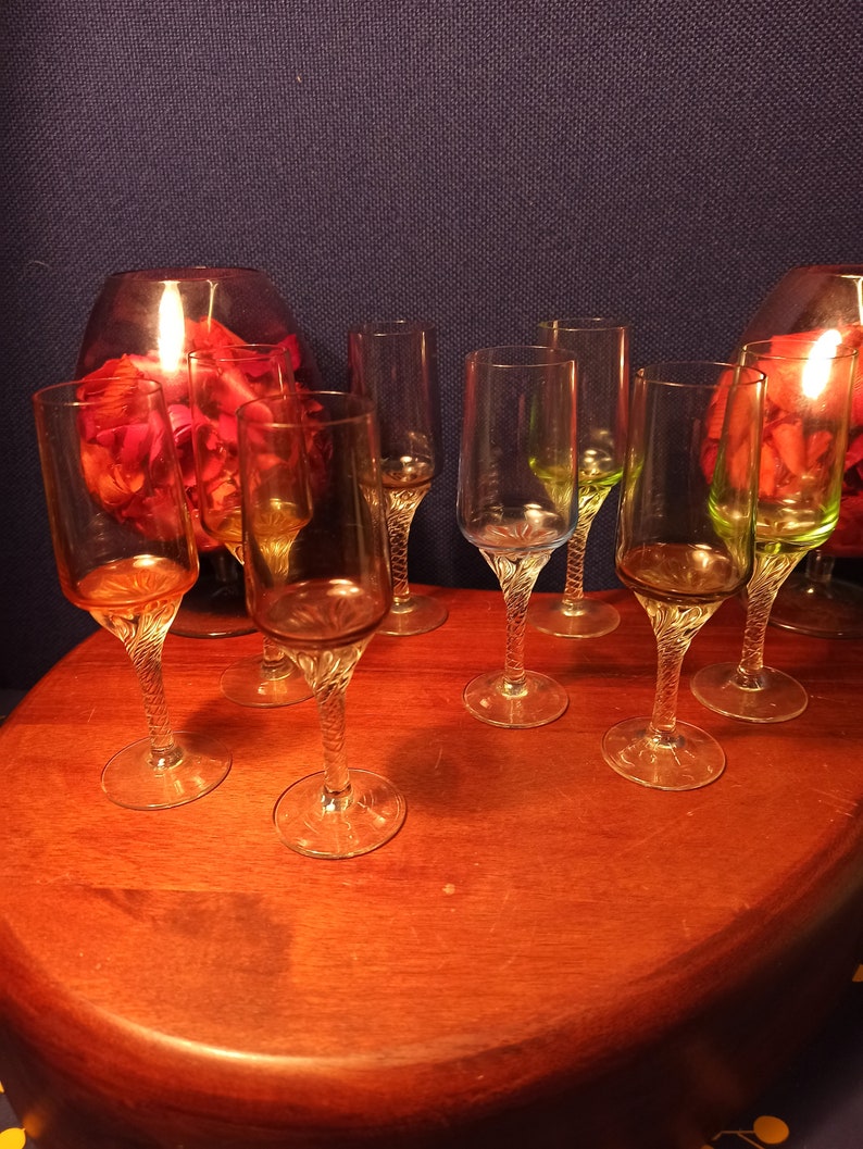 Set of 8 Liqueur / Sherry Glasses. Barley Twist Stem. Various | Etsy UK