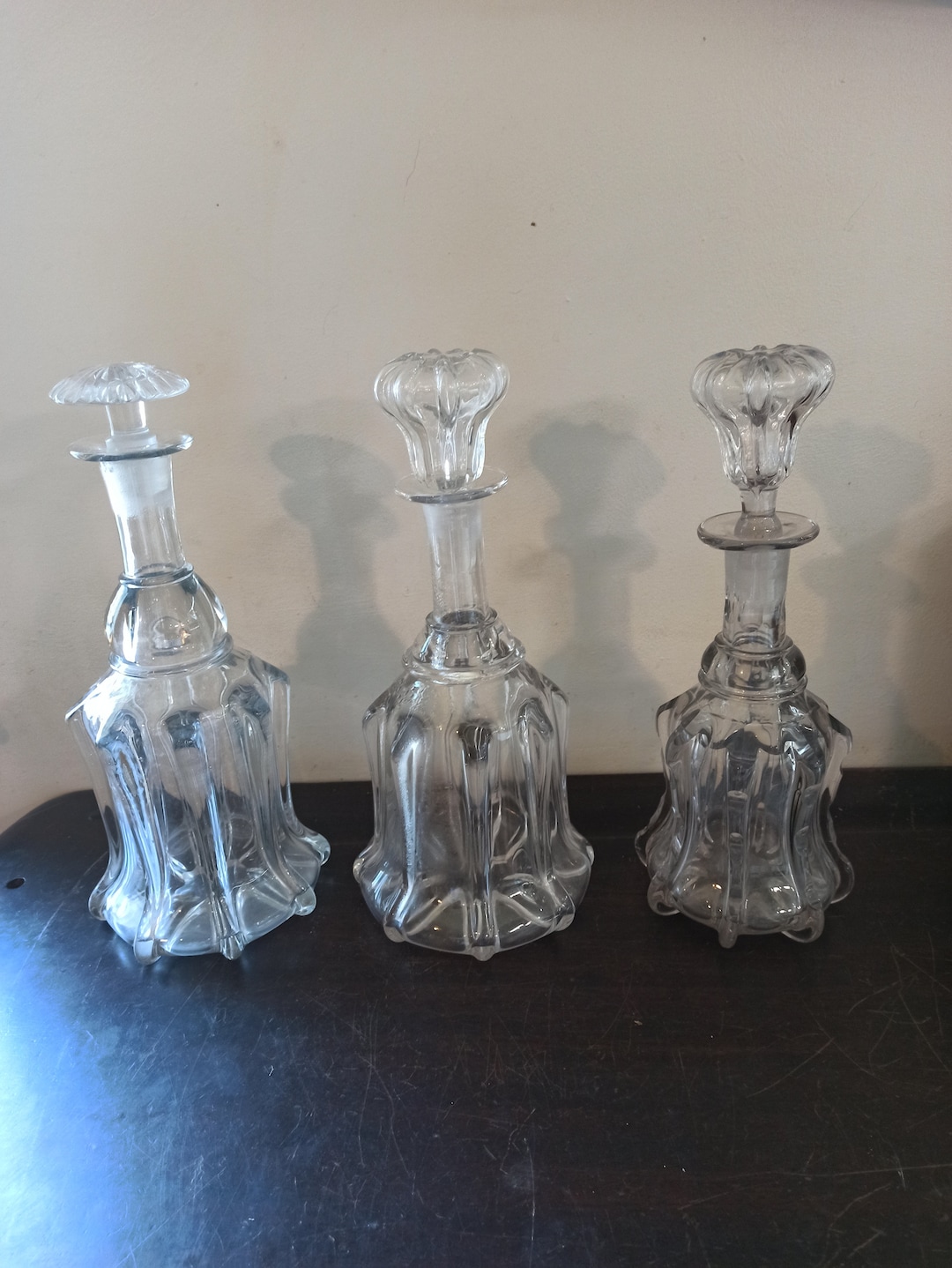 Set of 3 Victorian Glass Decanters. Circa 1852. Bell Shaped, Pillar Decanters. Different Sizes ...