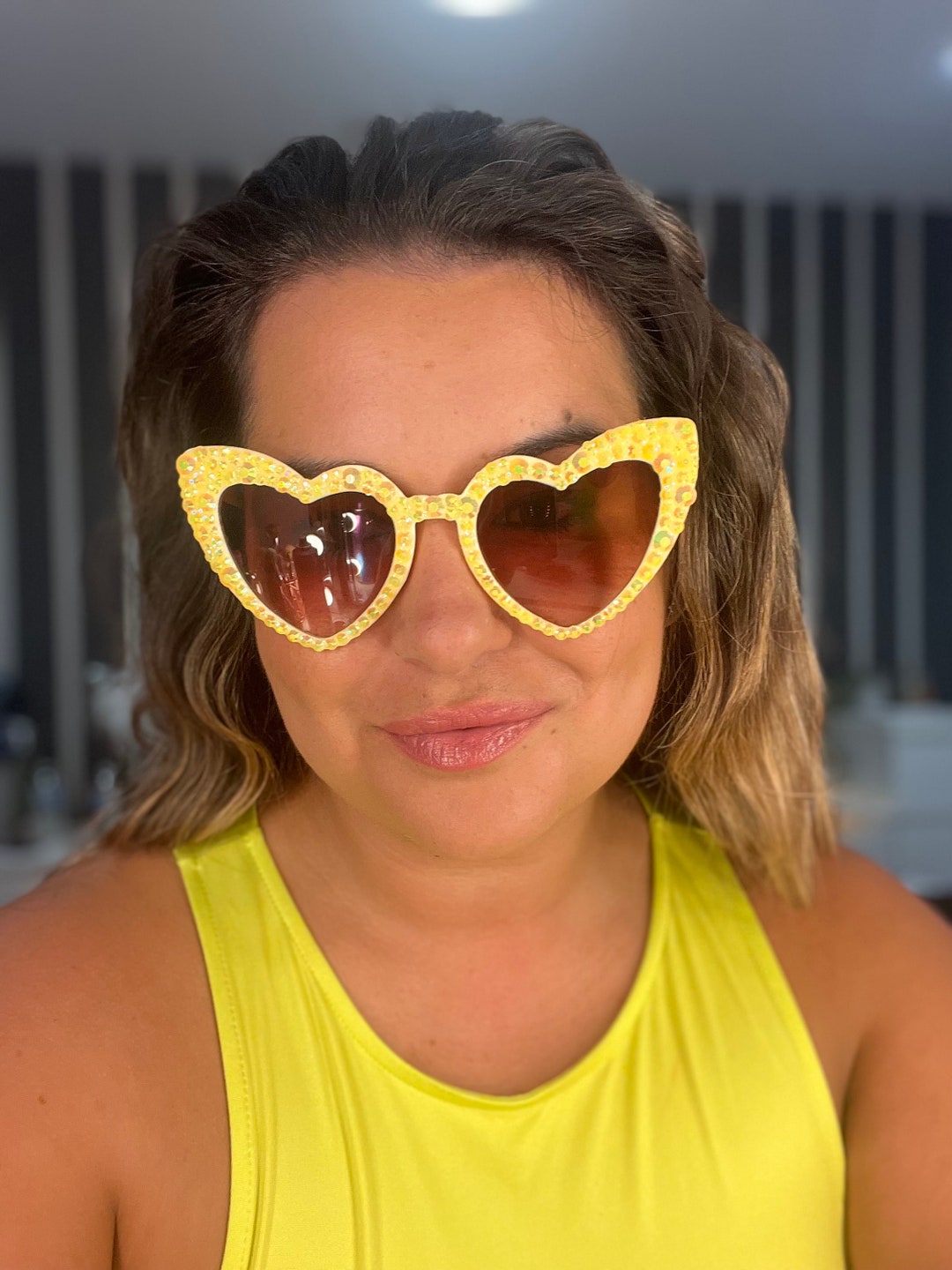 Yellow Rhinestone Embellished Festival Sunglasses With Yellow Lenses - Etsy