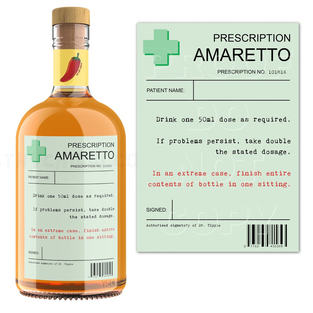 Prescription Amaretto Label, Amaretto Bottle Sticker, Amaretto Bottle ...