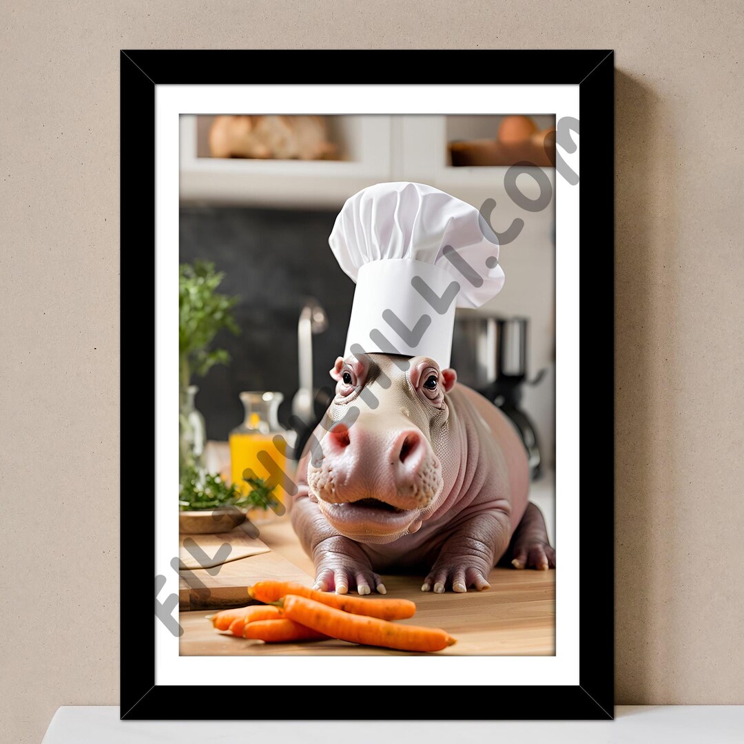 Hippo Calf Chef in Kitchen, Funny Kitchen Print, Animal Chef, Hippo ...