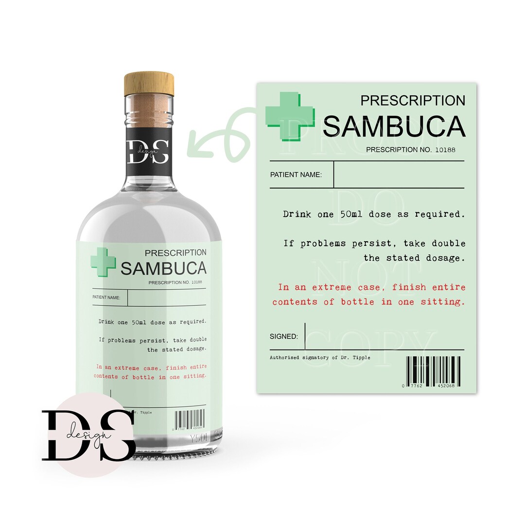 Prescription Sambuca Label, Sambuca Gift, Sambuca Bottle Label, Sambuca ...