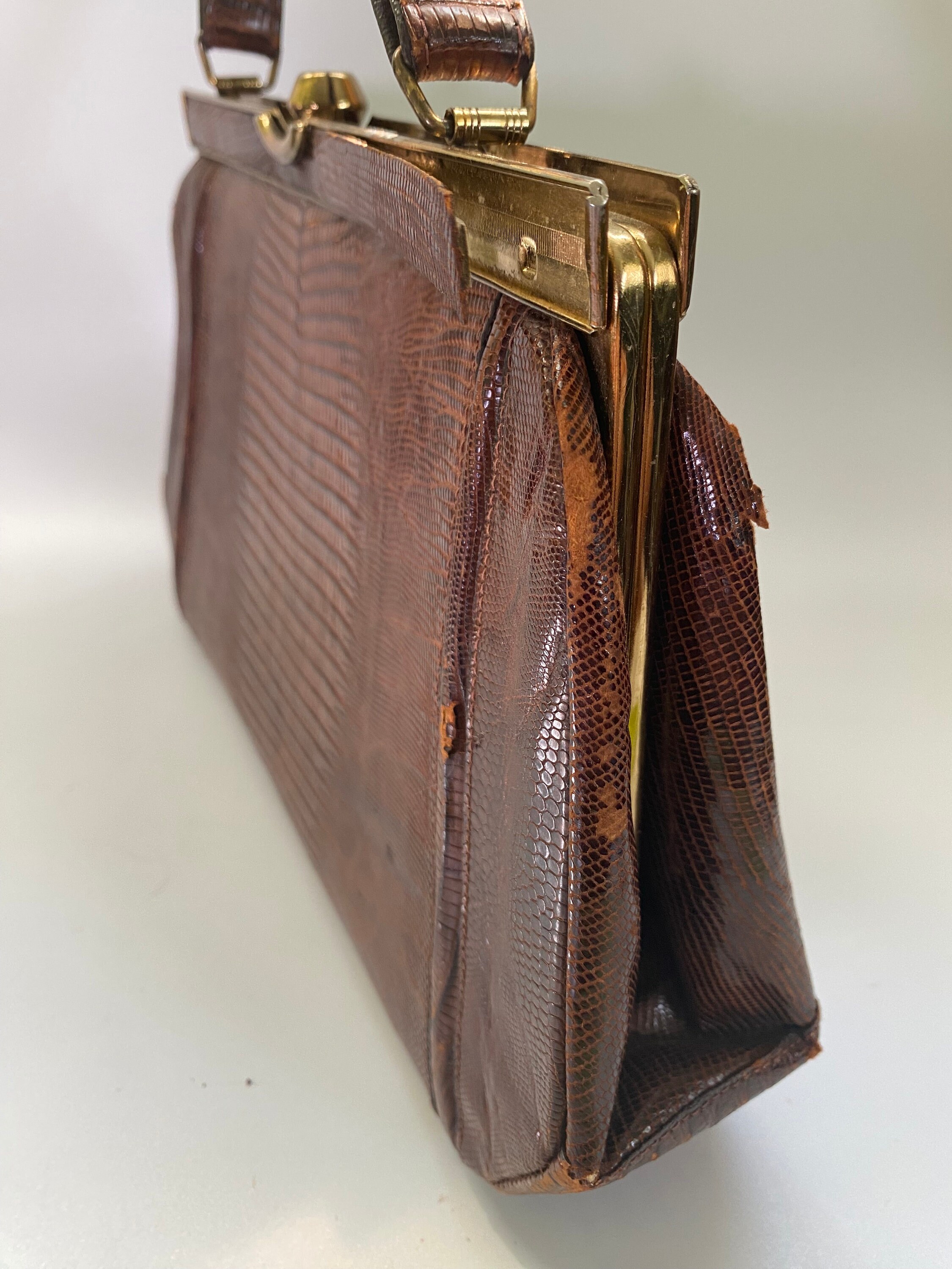 Vintage Brown Mid Century Alligator Lizard Skin Purse Handbag Frame ...