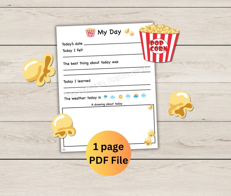 Kids Printable Daily Journal - Popcorn - My Day Journal Prompts - PDF ...