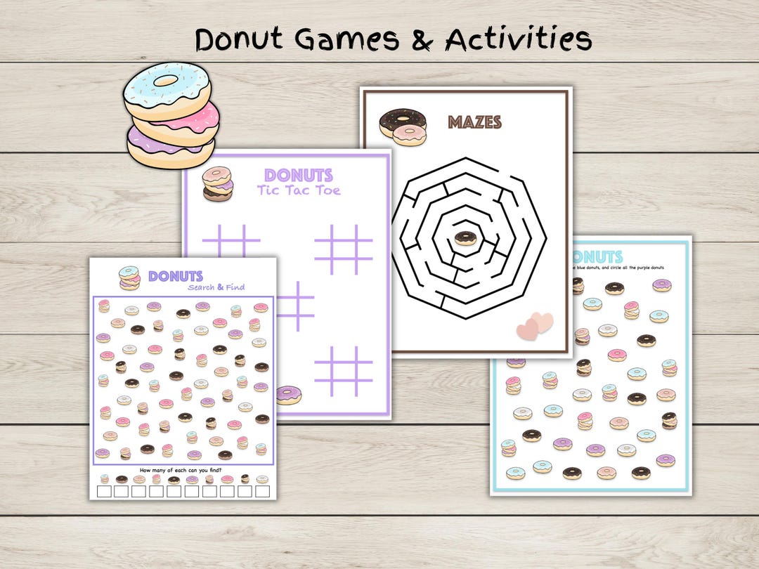 Donut Games Activities - I Spy - Tic Tac Toe - Mazes - - Fun Party Games - Road Trip Games ...