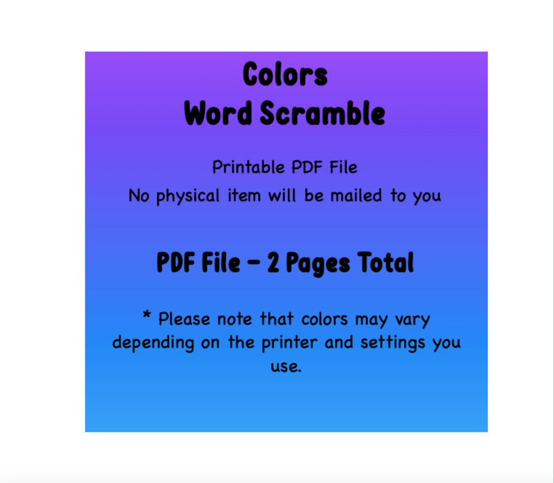 Colors Word Scramble - Printable PDF - Party Game, Classroom Game ...