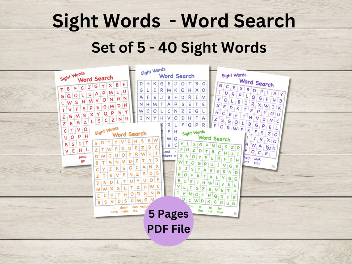 Sight Words Printable Word Search Set of 5 40 Sight - Etsy
