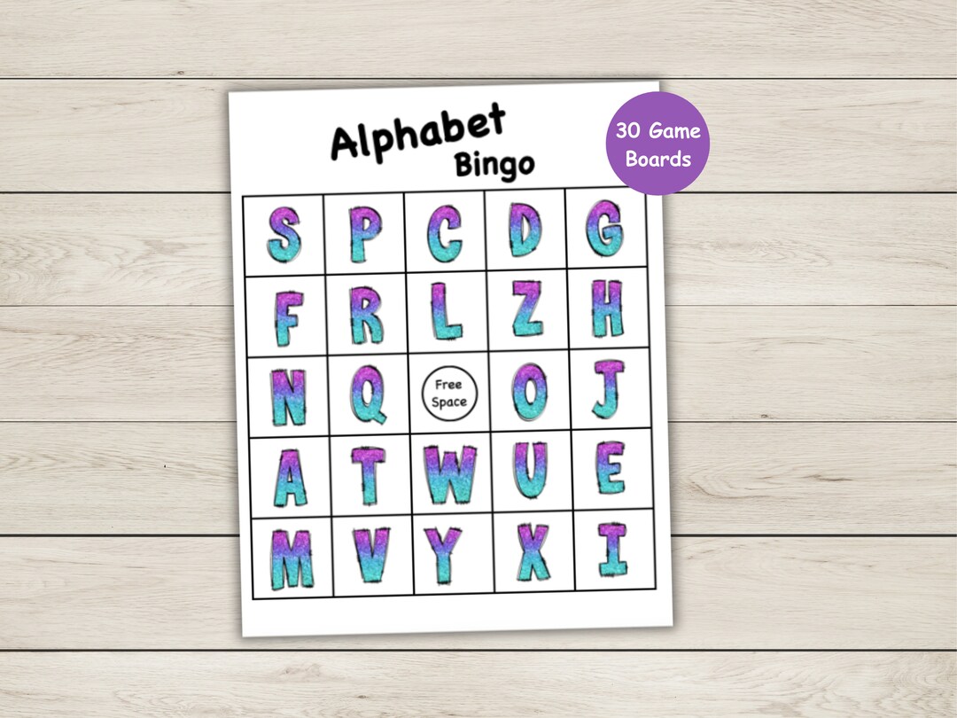 Alphabet Bingo - 30 Different Game Boards - Pink Purple Teal Glitter ...
