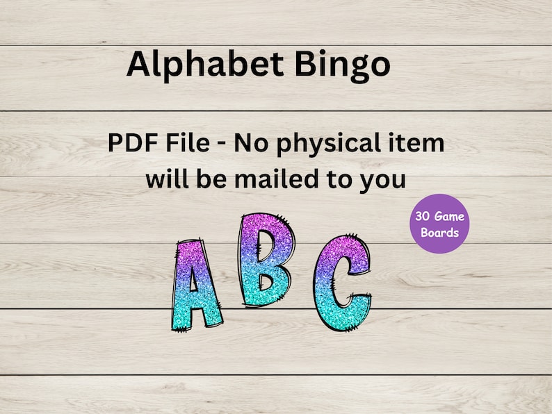 Alphabet Bingo - 30 Different Game Boards - Pink Purple Teal Glitter ...