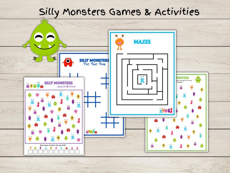 Silly Monsters Printable Games Activities - I Spy - Tic Tac Toe - Mazes ...
