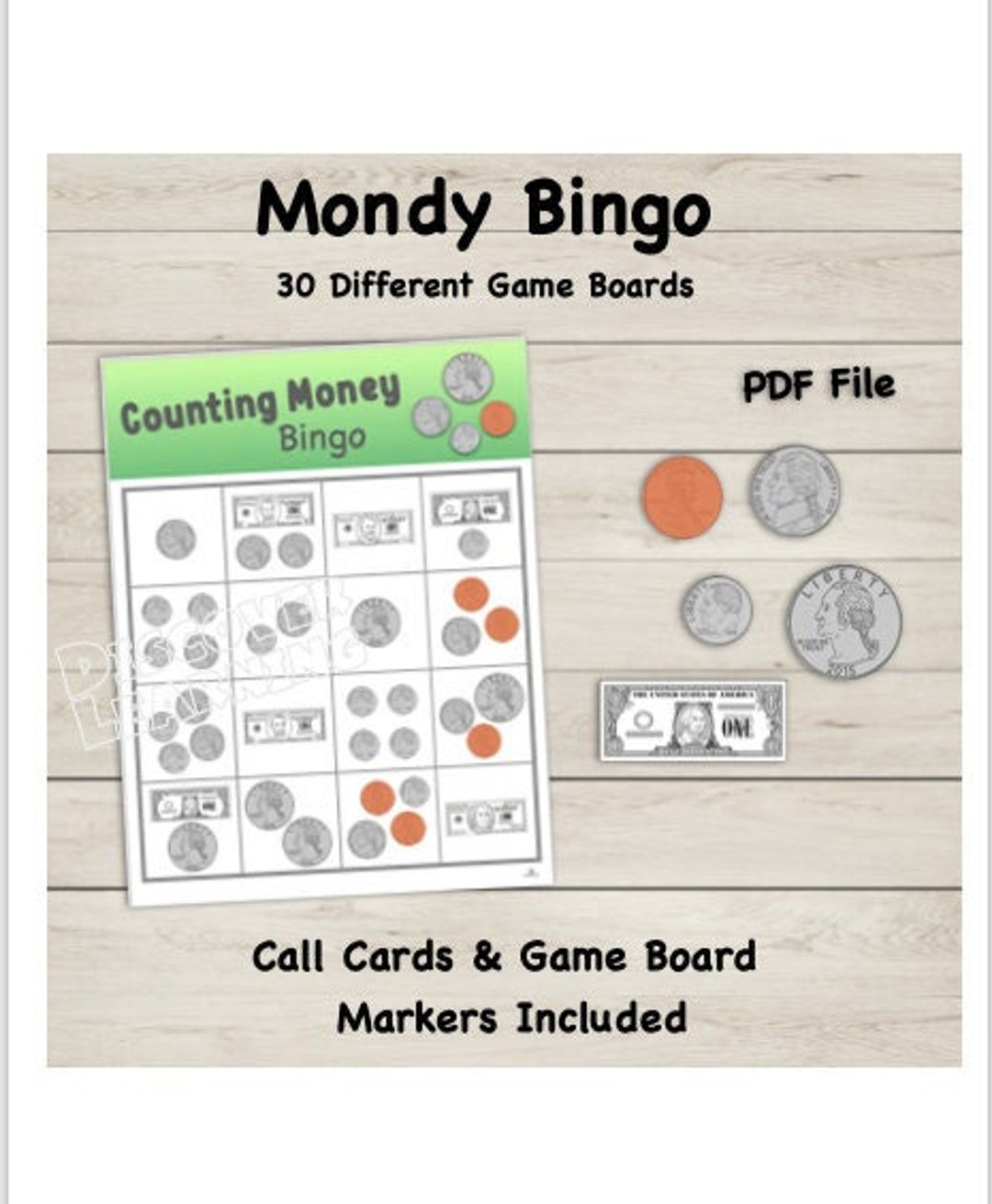 Money Bingo Coins and Bills , 30 Different Game Boards Call Cards ...