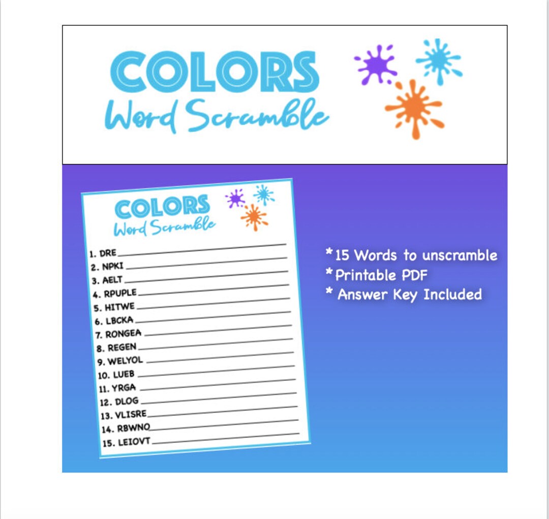 Colors Word Scramble Printable PDF Party Game Classroom - Etsy