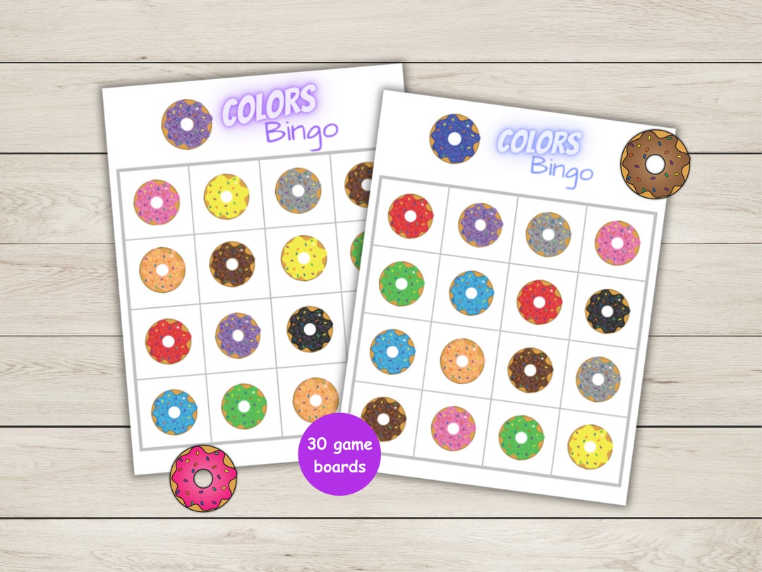 Colors Bingo Game Donuts - 30 Game Boards - Call Cards and Board ...
