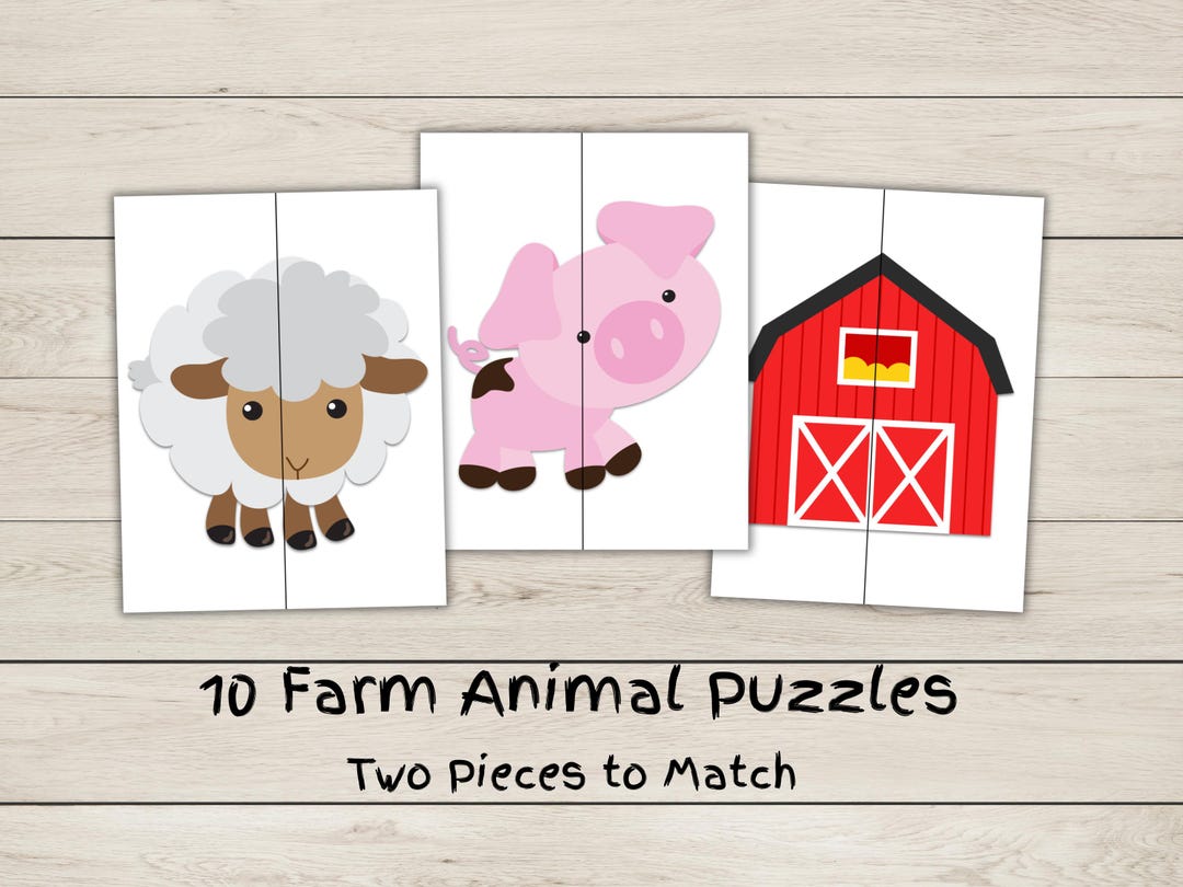 10 Farm Animal Puzzles - Matching Game - Printable Preschool Activity ...