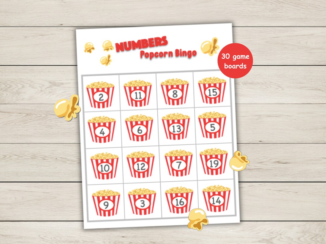 Numbers Bingo - 30 Different Game Boards - Popcorn - Numbers 1 to 20 ...