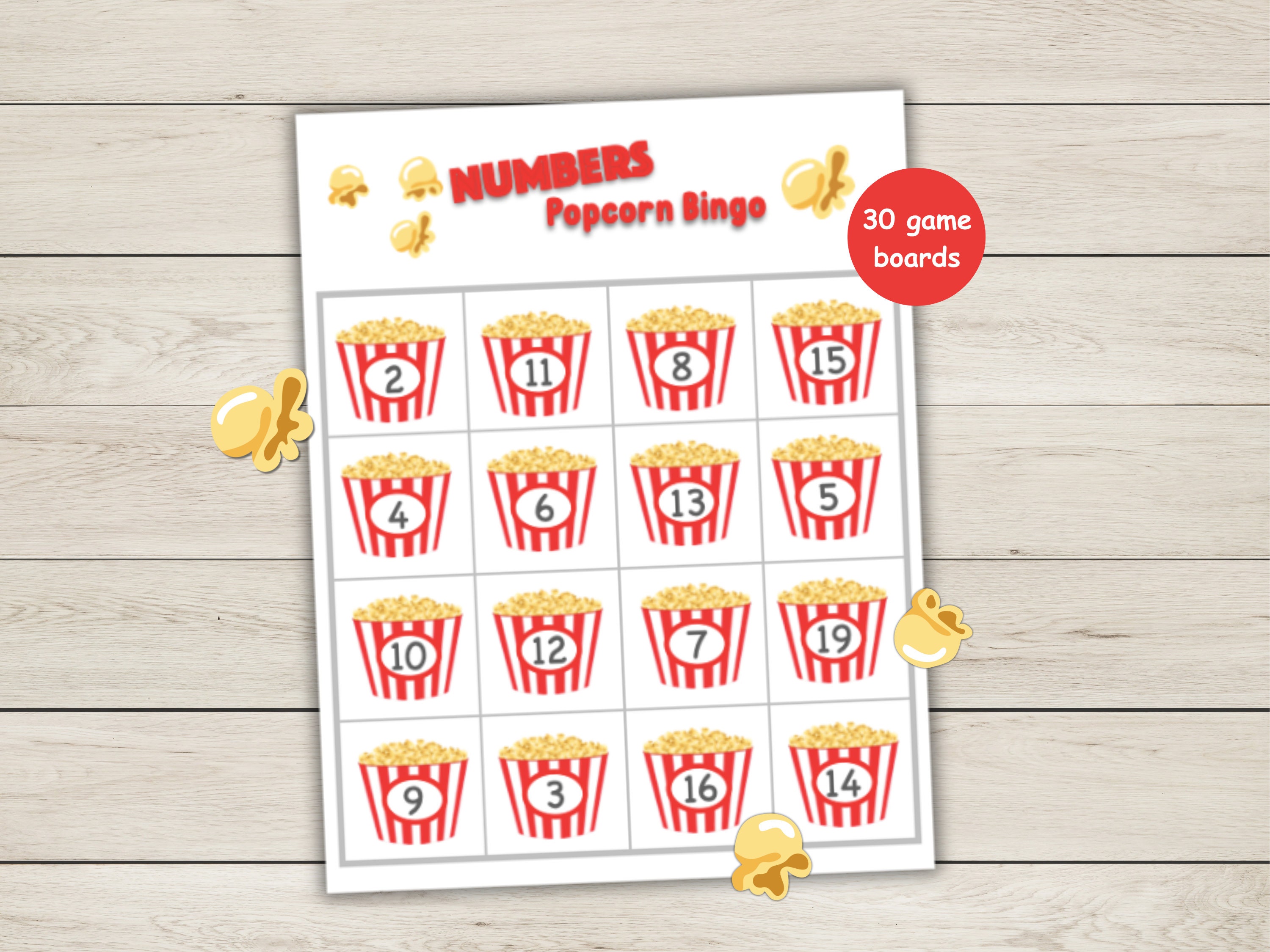 Numbers Bingo - 30 Different Game Boards - Popcorn - Numbers 1 to 20 ...