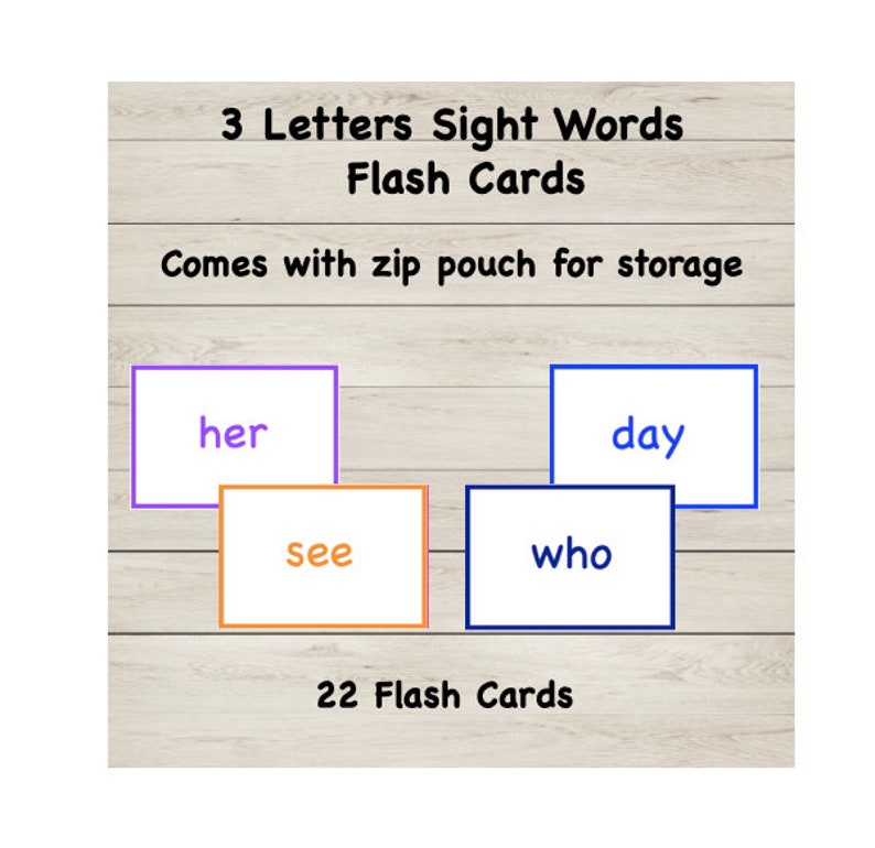 Three Letter Sight Words Flash Cards, Laminated Comes With Zip Pouch ...
