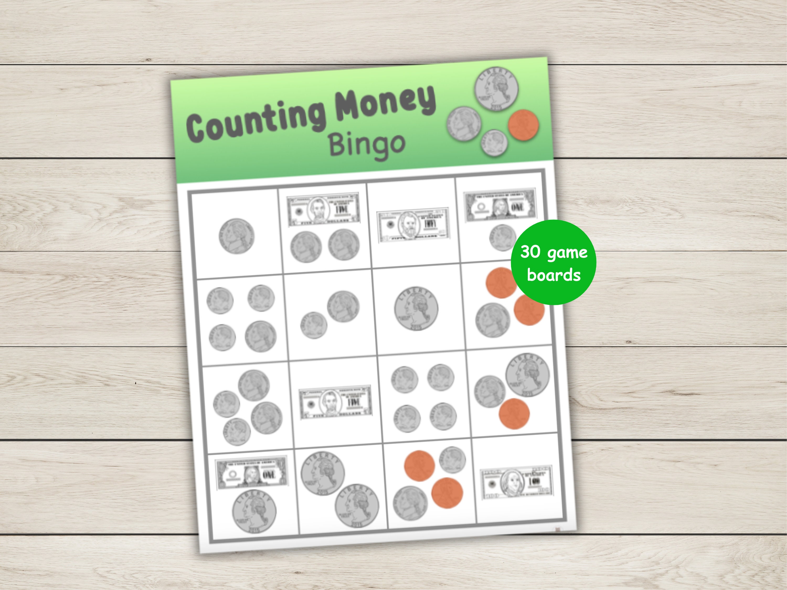 Money Bingo Coins and Bills , 30 Different Game Boards Call Cards ...