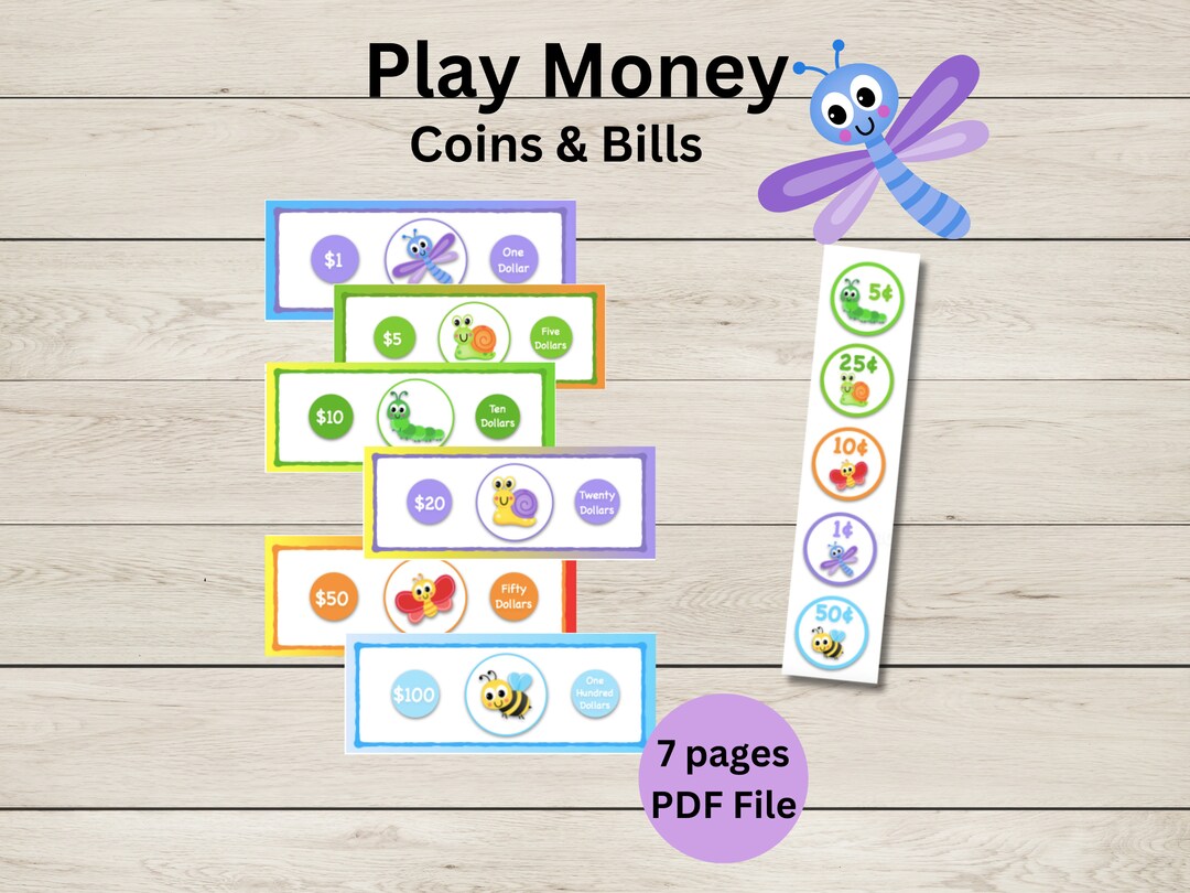 Kids Pretend Money Printable Bills and Coins Cute Bugs Play Money - Etsy
