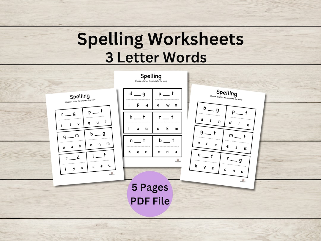 Three Letter Word Spelling Worksheets: Complete the Word (PDF Printable ...