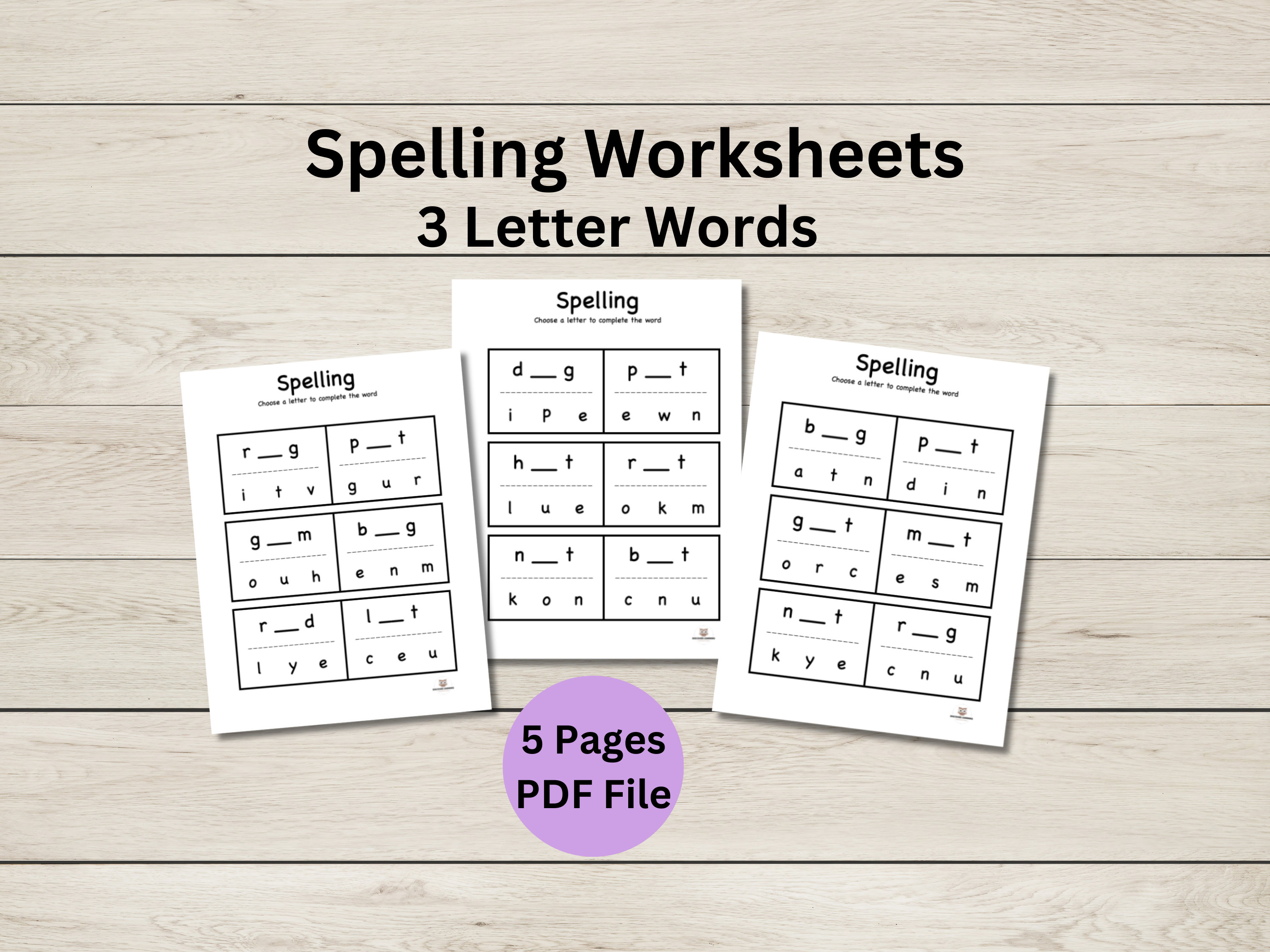 Three Letter Word Spelling Worksheets: Complete the Word (PDF Printable ...