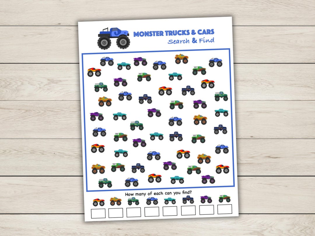 Monster Trucks Search and Find Game - Counting Worksheet - Party Game ...