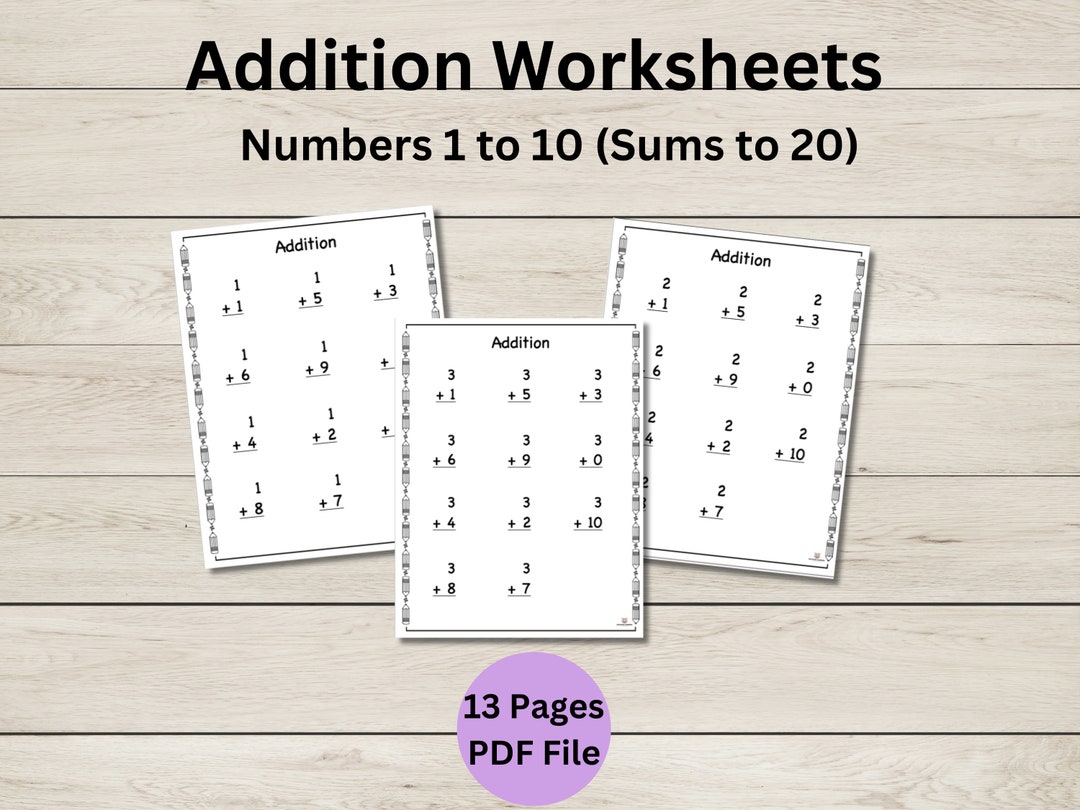 Addition Worksheets - Numbers 1-10 (sums to 20) - Instant Download - Etsy