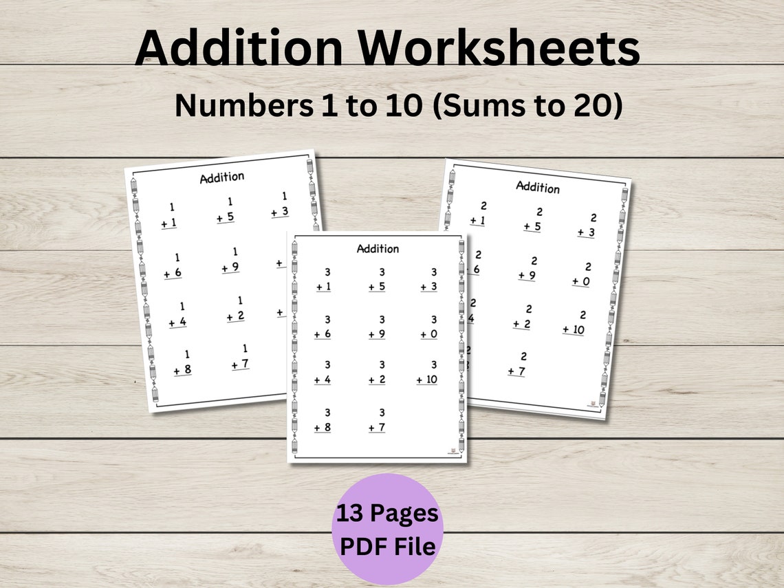 Addition Worksheets - Numbers 1 to 10 (sums to 20) - Printable ...