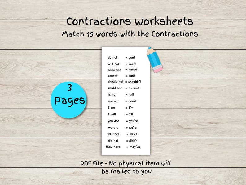 Contractions Worksheets - Match 15 Words - PDF - Etsy