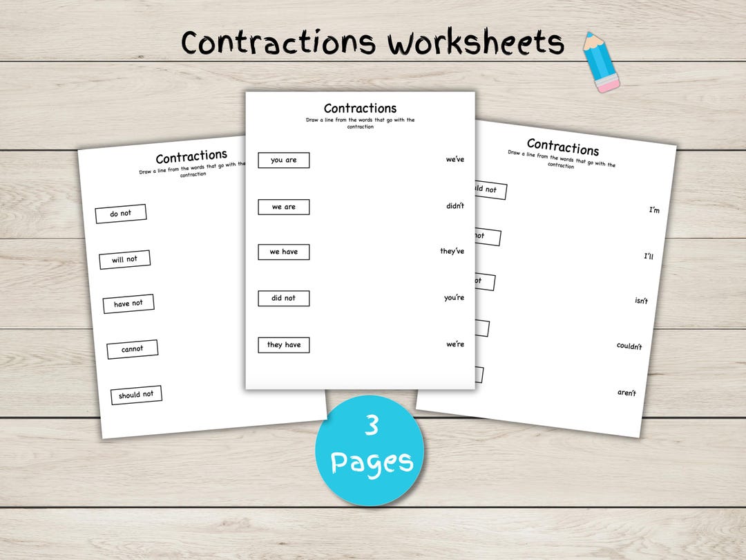 Contractions Worksheets - Match 15 Words With Contractions - Printable ...