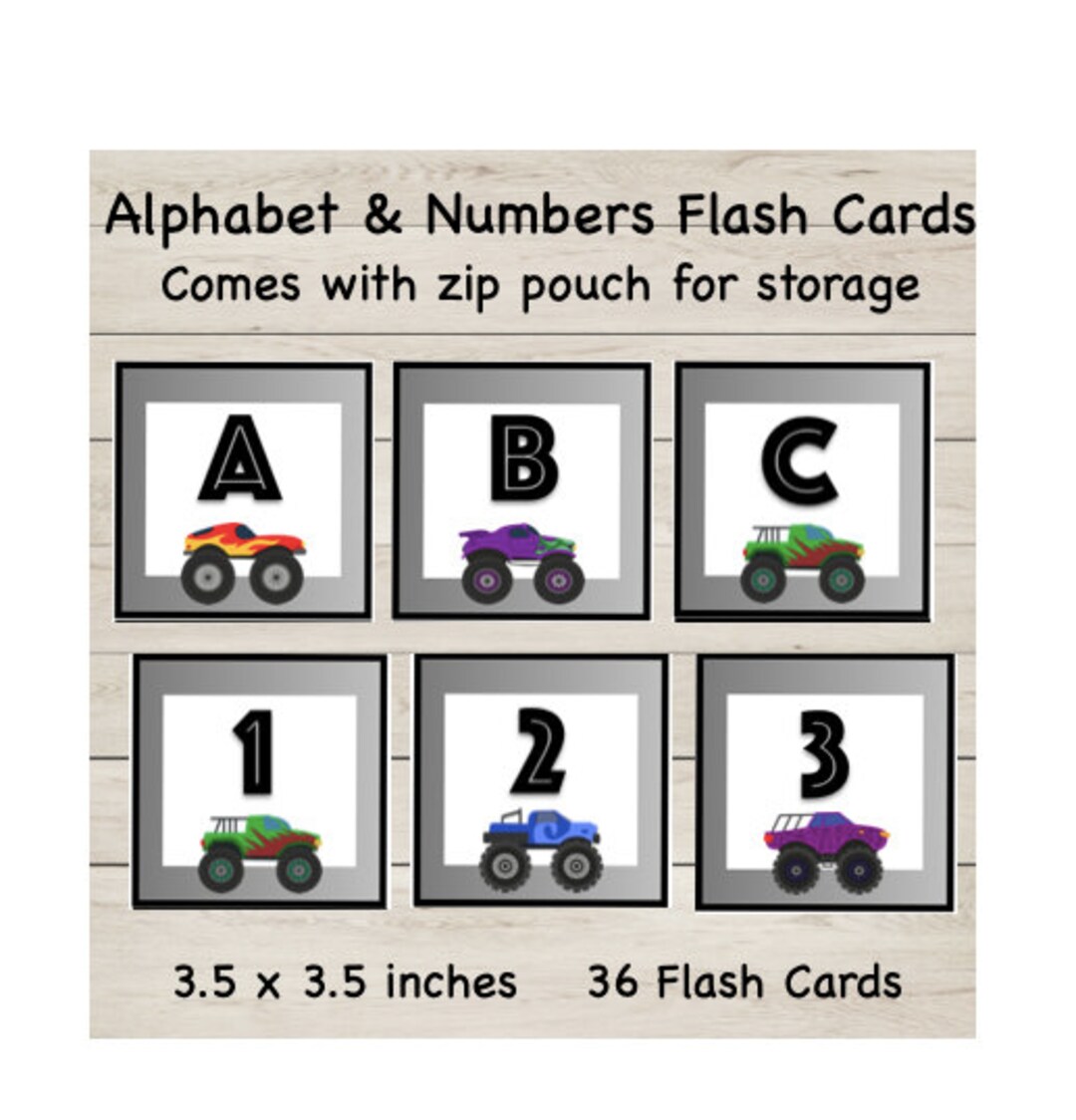 Alphabet Flash Cards and Numbers 1 to 10 Monster Trucks and Cars Theme ...