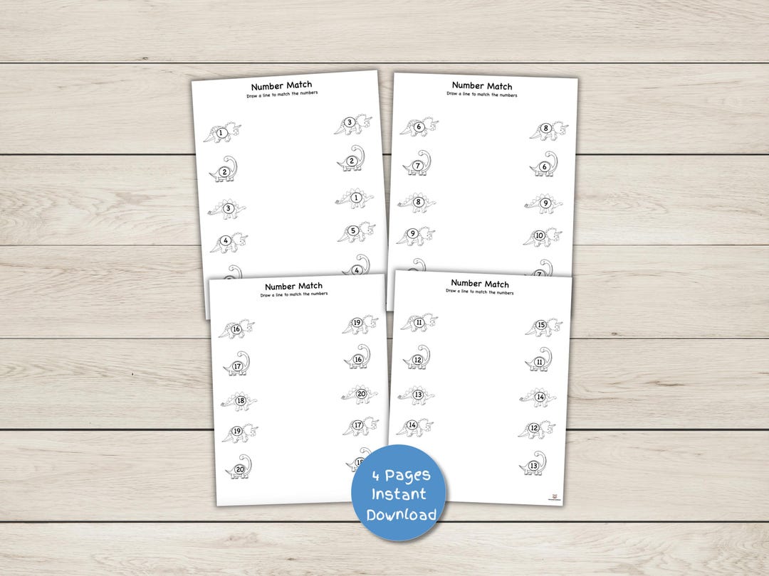 Dinosaur Number Match Worksheets - Numbers 1 to 20 - Instant Download ...