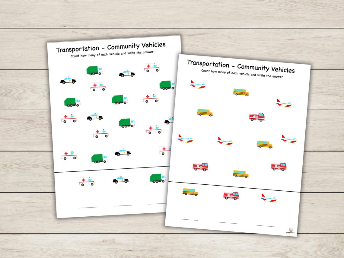 Counting Worksheets - Transportation and Community Vehicles - Etsy